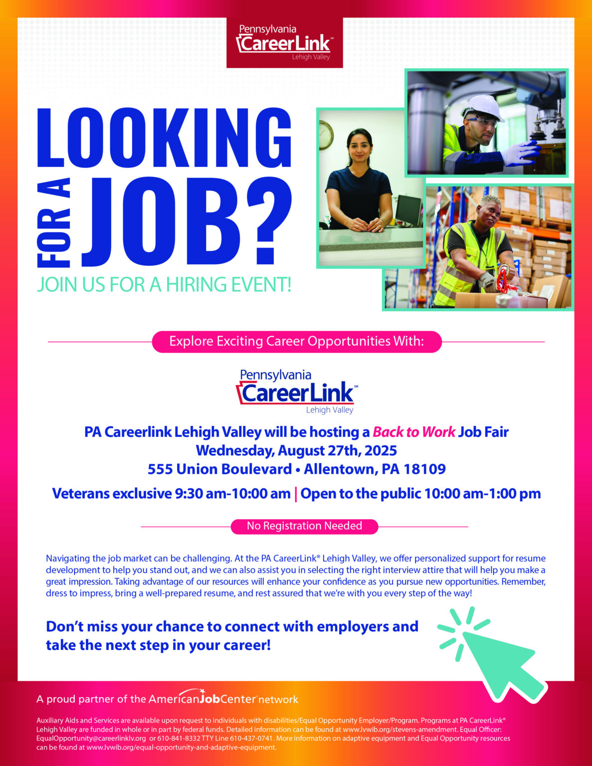 Back To Work Job Fair on August 27, 2025 - PA CareerLink® Lehigh Valley
